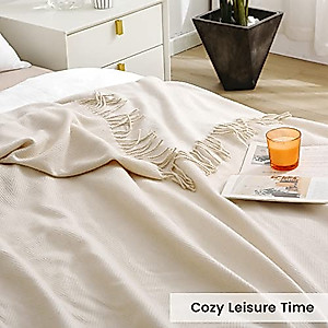 ZonLi Cream Throw Blanket Lightweight Herringbone Throw Blankets for Couch Ivory Beige Boho Throw Blanket Decorative Knitted Blankets with Tassels Fringe for Bed Outdoor 55'' x 75''