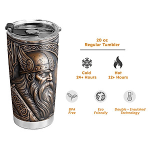 20oz Viking Celtic Warrior Tumbler, Norse Mythology, Viking Gifts for Men, Coffee Thermos for Men, Stainless Steel Double Wall Vacuum Insulated Coffee Mug, Travel Cup with Lid