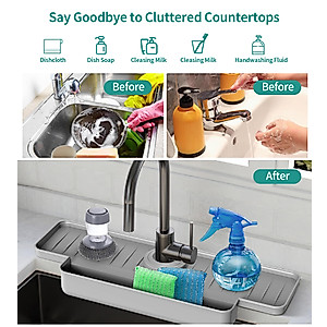 Silicone Faucet Splash Guard Kitchen Sink Splash Guard Upgraded Faucet Water Catcher Tray - 15.75” x 5.5''x2” - Sink Sponge Holder for Kitchen, Bathroom(Grey)