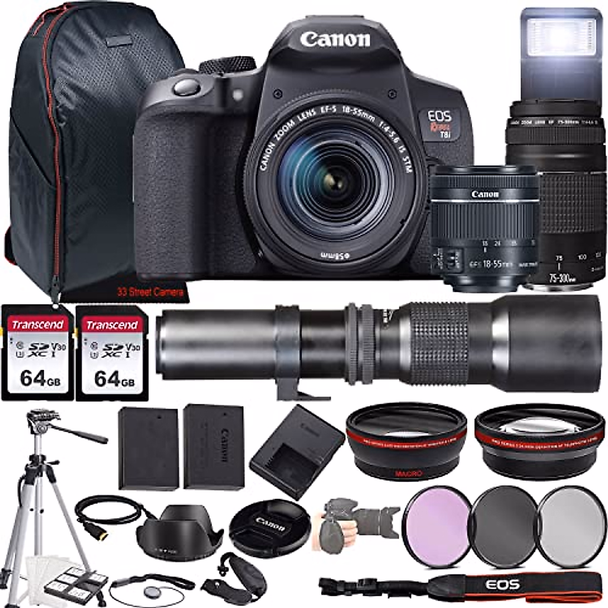 Canon EOS Rebel T8i DSLR Camera w/EF-S 18-55mm F/4-5.6 is STM Lens + EF 75-300mm f/4-5.6 III Lens + 500mm f/8 Focus Lens + 2X 64GB Memory + Case + Filters + Tripod + More (35pc Bundle)