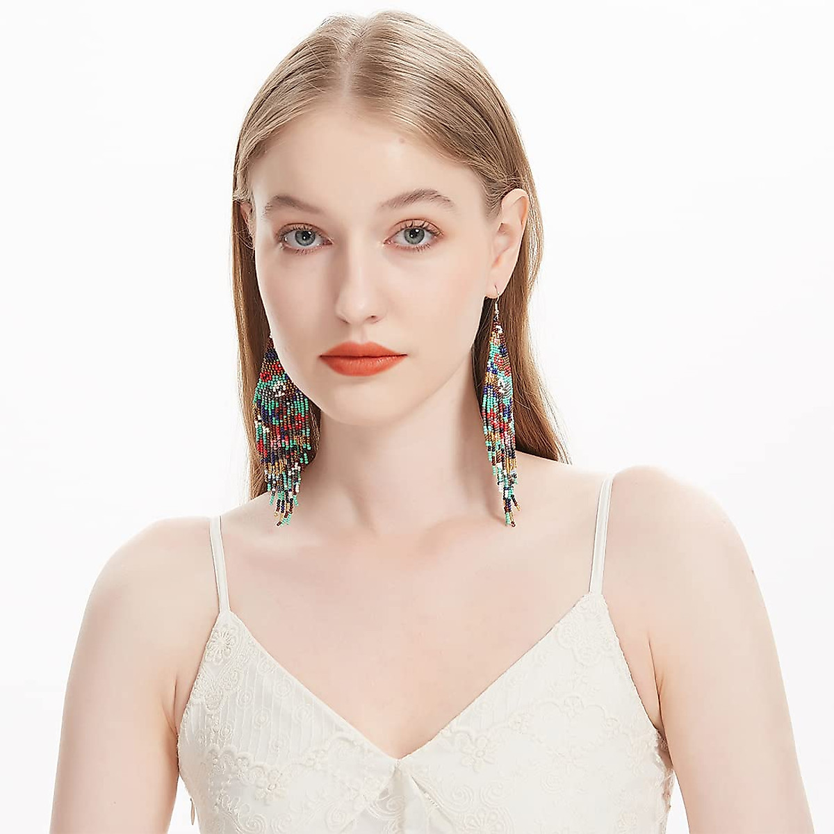 Luluping Long Beaded Dangle Earrings – Boho Native Handmade Seed Bead Tassel Earrings for Women, Bohemian Large Statement Beaded Drop Fringe Earrings (Colorful Beaded Earrings D)