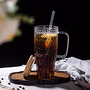 Bandesun 32oz Vintage Glass Cup with Handle with Bamboo Lids and Straws - Borosilicate Glass Tumbler for Hot and Cold drinks