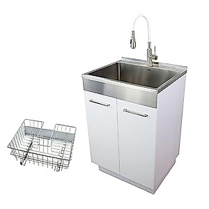 Transolid TCAB-2420-WSW 24-in All-in-One Laundry Cabinet Sink, Stainless Steel High Arc Faucet, and Basket, White