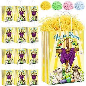 MIMIND 24 Pieces Easter Bunny Paper Gift Bags Inspiring He Is Risen Sign Candy Goodie Bags with Double Handles and Rayon Raffia for Easter Theme Bible Party Favors Egg Hunt Supplies