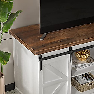 JUMMICO Farmhouse TV Stand up to 65 Inches, Mid Century Modern Entertainment Center with Sliding Barn Doors and Storage Cabinets, Metal Media TV Console Table for Living Room Bedroom (Bright White)