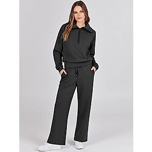 Prinbara Women 2 Piece Outfits Lounge Sets 2024 Winter Oversized Sweatshirt Wide Leg Pant Casual Matching Sweat Set Tracksuit Black Small