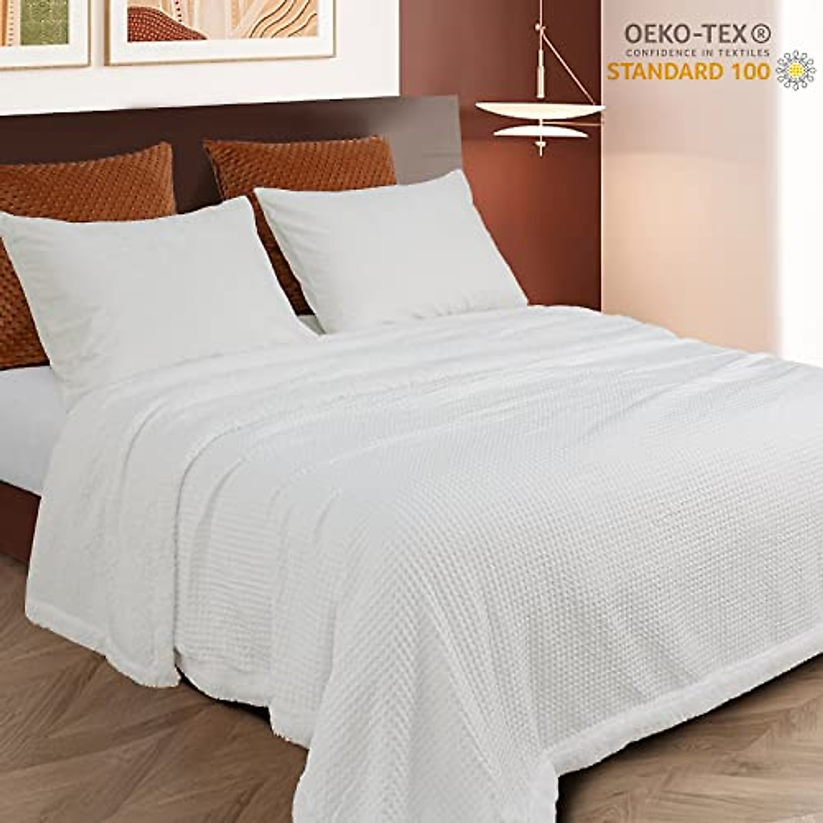 PHF Waffle Sherpa Blanket King Size, Luxury Warm Plush Flannel Blanket for Winter, No Shed No Pilling Cozy Soft Waffle Weave Fleece Blanket for Bed and Couch, White, 104x90 Inches