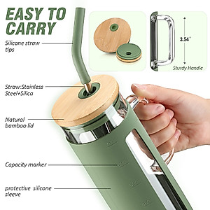 Kodrine Tumbler with Lid and Straw, 24 oz Glass Tumbler with Handle, Iced Coffee Cup Boba Smoothie Cup, Coffee Tumbler Water Tumbler Cups with Bamboo Lid Home Office Tumblers, Olive