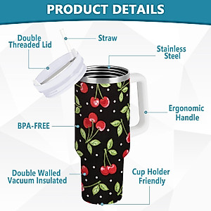 Emelivor Black Cherry 40 oz Tumbler with Lid and Straw Insulated Tumblers with Handle Thermal Stainless Travel Coffee Mug Cup Water Bottle for Women Men Sports Gym