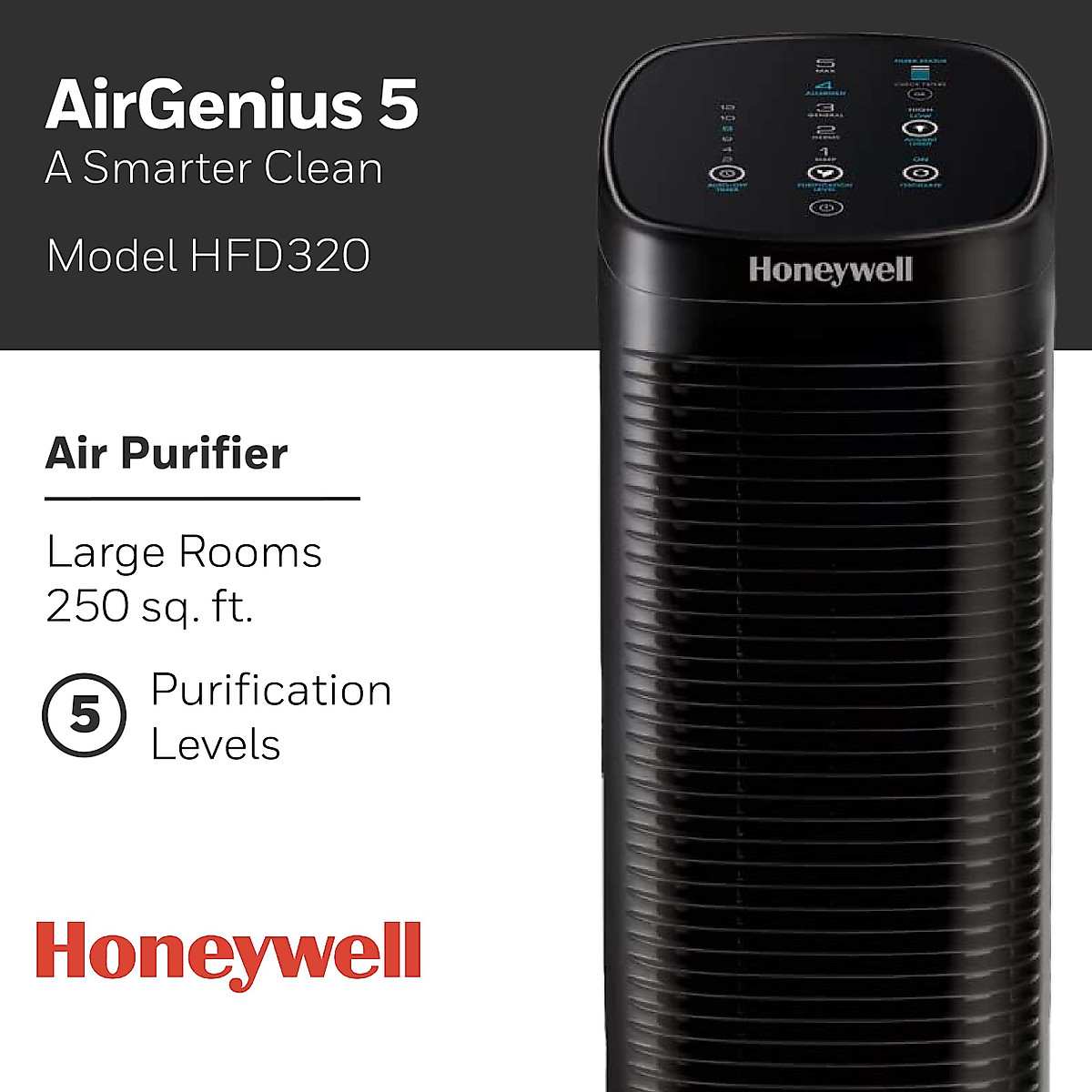 Honeywell HFD320 Air Genius 5 Air Purifier with Permanent Washable Filter Large Rooms (250 sq. ft.) Black