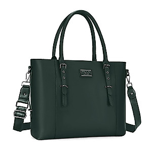 MOSISO PU Leather Laptop Tote Bag for Women (13-13.3 inch), Waterproof Large Capacity Business Work Briefcase Shoulder Laptop Bag, Midnight Green