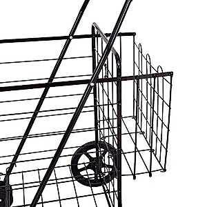 Safstar Folding Shopping Cart, Metal Grocery Cart w/Extra Basket & 360° Swivel Wheels & Non-Slip Handle, Heavy Duty Utility Cart for Grocery Laundry Book Luggage (Black)