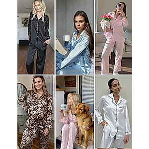 Ekouaer Silk Satin Pajamas Women's Long Sleeve Pj Set Soft Button Down 2 Piece Sleepwear Loungewear (Red,L)