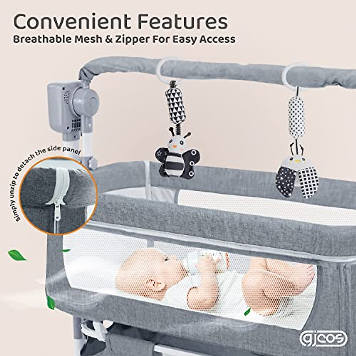 GJCOS Electric Rocking Bedside Bassinet (Grey) - 4 in 1 Automatic Swaying Mesh Baby Bassinet Bedside Sleeper with 5 Swing Motions, 3 Timer Setting & Bluetooth Music Control - Co Sleeper Bassinet