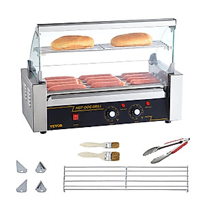 VEVOR Hot Dog Roller 5 Rollers 12 Hot Dogs Capacity, 750W Stainless Sausage Grill Cooker Machine with Dual Temp Control Glass Hood Acrylic Cover Bun Warmer Shelf Removable Oil Drip Tray ETL Certified