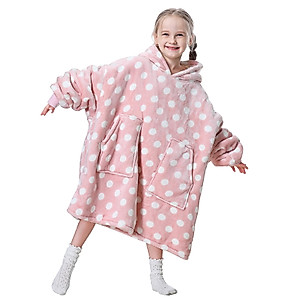 Aemicion Kids Blanket Hoodie,Oversized Wearable Blanket,Cozy Sherpa Sweatshirt Blanket,Gifts for Kids-Pink Polka Dot