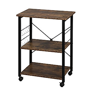 WEI WEI GLOBAL 3-Tier Kitchen Baker’s Rack, Microwave Stand Rolling Serving Cart, Industrial Storage Shelf Organizer w/ 10 Hooks & Wheels-Black Metal Frame, Rustic Brown