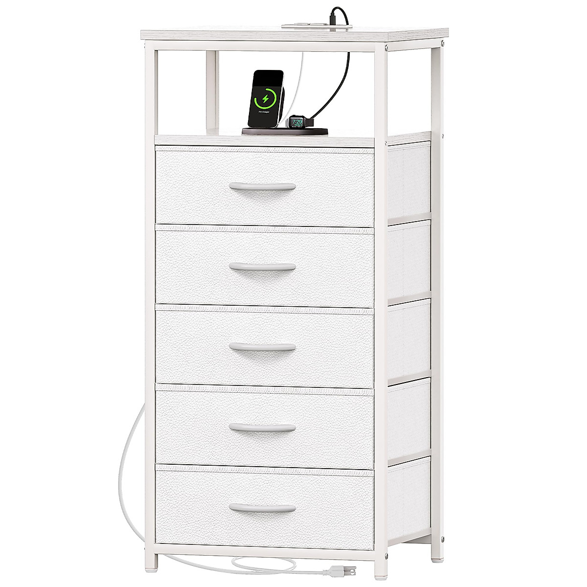 Huuger 5 Drawers Dresser with Charging Station, Dresser for Bedroom, Tall Night Stand, Chest of Drawers with PU Leather Finish, Open Shelf, Bedside Table Nightstand, for Entryway, White