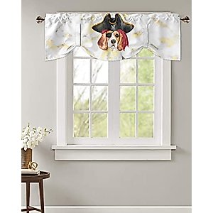 Tie Up Curtain Valance for Kitchen,Abstract Geometric Pirate Dog White Gold Marble Window Valances Adjustable Tie-up Shade Valance,Cartoon Animal Rod Pocket Short Curtains for Bathroom 54x18in
