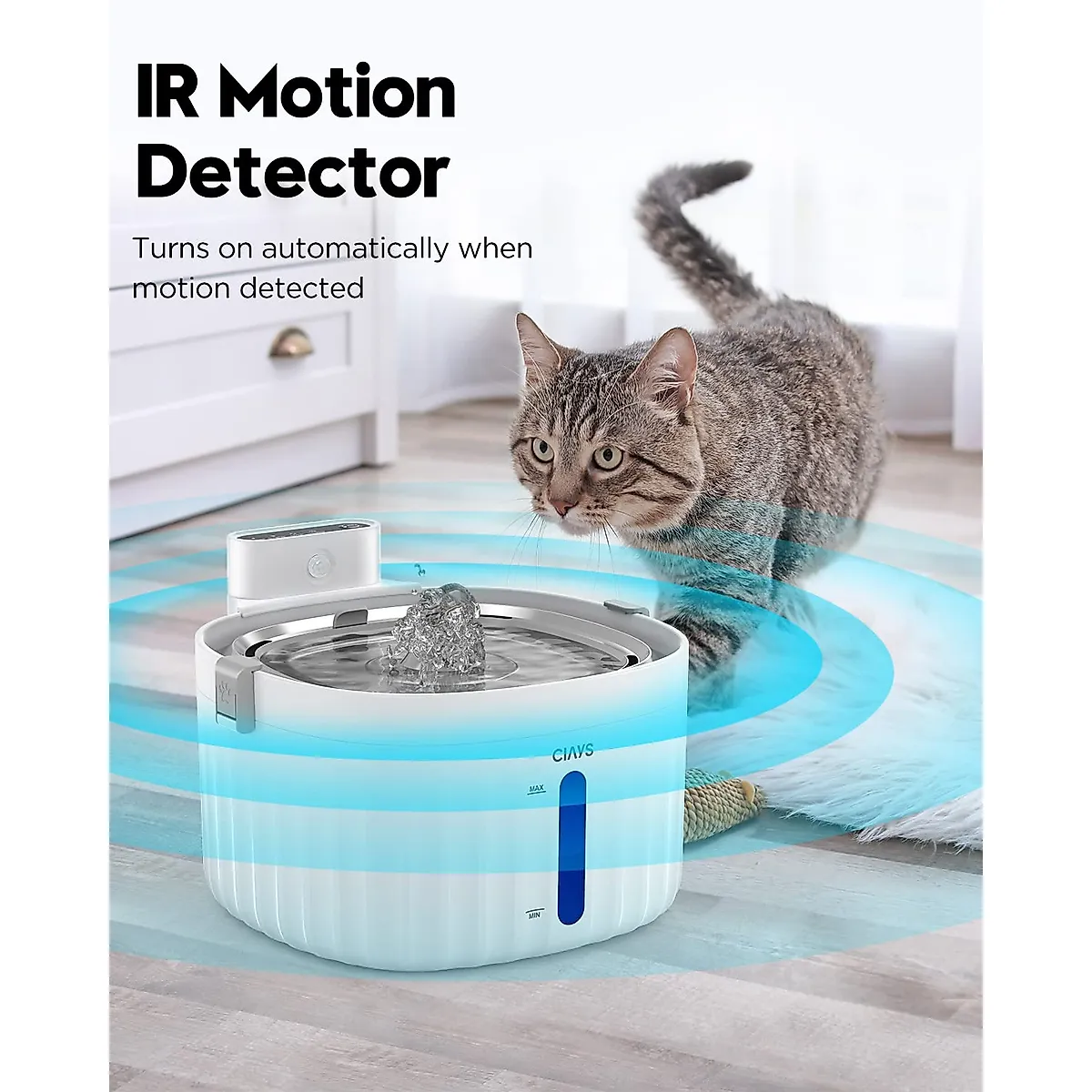 Ciays 70.4oz/2L Cat Water Fountain Automatic Induction Water Dog Water Fountain with Battery & Power Cord Powered Pet Water Fountain Bowl with Stainless Steel Drinking Tray for Pets, White