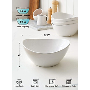 LE TAUCI Salad Bowls 44 Ounce, Ceramic Kitchen Serving Bowl Sets for Pasta, Cereal, Popcorn, Snack, Oven Dishwasher & Microwave Safe - 8.5 inch, Set of 4, White