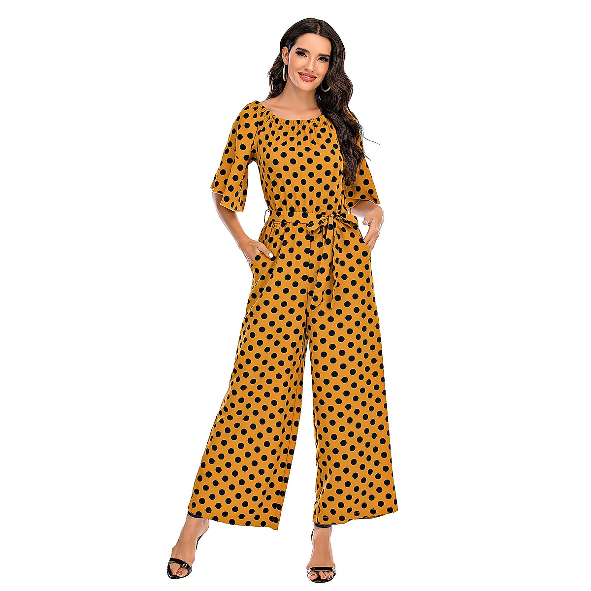 Love Welove Fashion Jumpsuits for Women, Floral Off Shoulder Ruffled Short Sleeve High Waist Wide Leg Pants Romper Dressy