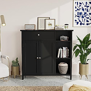 Irontar Bathroom Cabinet with Doors, Bathroom Floor Cabinet with Drawer & Adjustable Shelf, Kitchen Cupboard Storage for Living Room, Entryway, Black