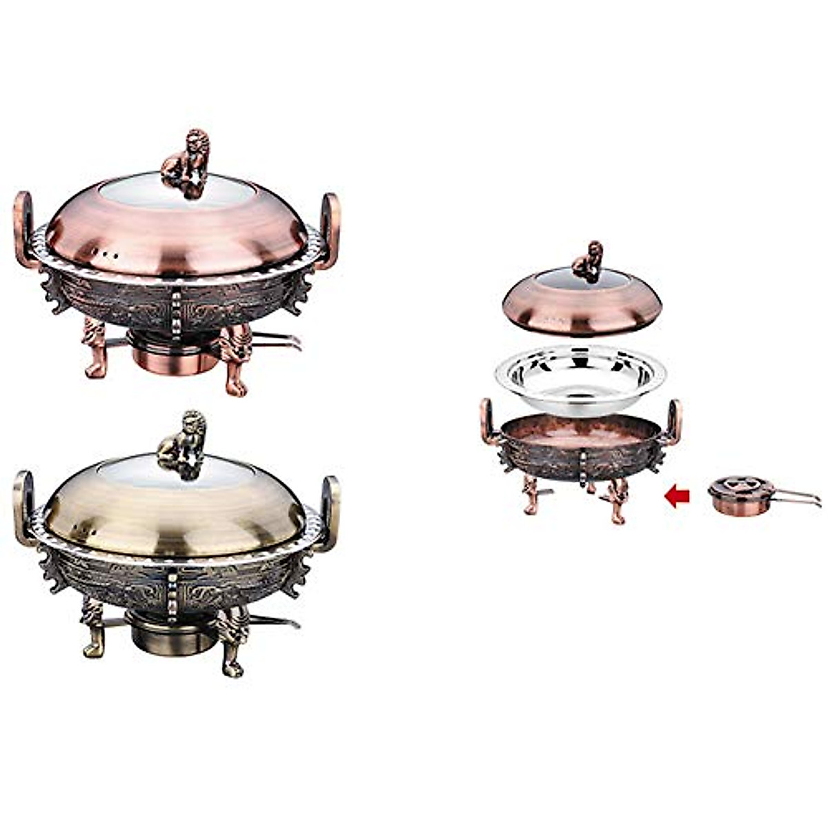 Adima Round Chafing Dish, 3L Stainless Steel Complete Chafer Warmers Set W/Food Pans, Aluminum Stand, Visible Pot Lid And Fuel Holders for Weddings, Buffet, Parties,Red copper