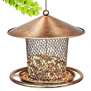 Squirrel Proof Bird Feeders, Cute Lantern Bird Feeder Roof Shaped, Heavy Duty Metal Wild Bird Feeder with Hook for Garden Yard Outside Hanging Decor, 2lbs Capacity - Bronzed