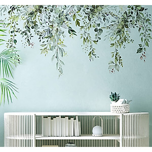 VePret Green Plants Leaves Wall Decals Peel and Stick, Large Floral Flowers Wall Stickers, Removable Vine Home Decor Art for Bedroom Living Room Classroom Office