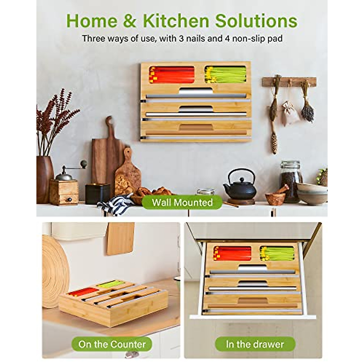 KOCWELL Bag Storage Organizer and Plastic Wrap Dispenser with Cutters, 2 Foil and Plastic Wrap Organizer, 4 Ziplock Bag Holder for Gallon, Quart, Sandwich Snack Variety Size Bags, Bamboo