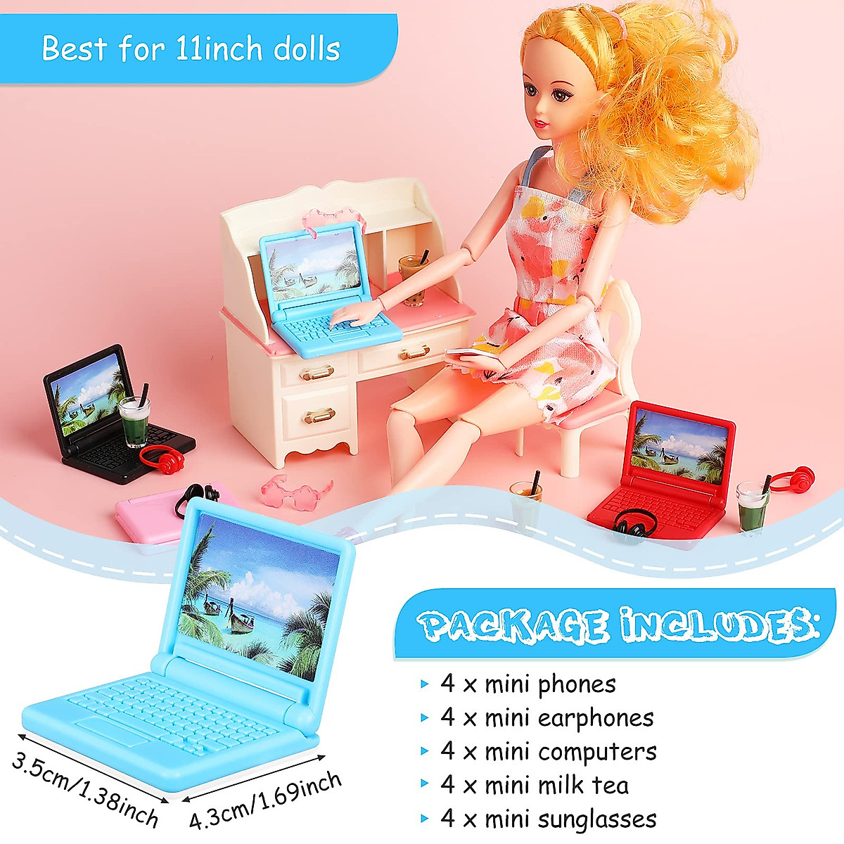 20 Pieces Dollhouse Accessories Doll Travel Accessories Mini Laptop Computer Phone Toy Miniature Glasses Headset Drink Toys Plastic Doll Accessories for Dolls (Classic Style)