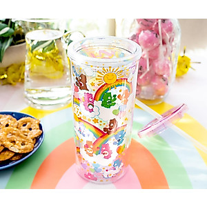 Silver Buffalo Care Bears Rainbow Stars Plastic Carnival Cup, Travel Tumbler With Lid and Reusable Straw | Holds 20 Ounces Yellow