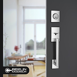 Berlin Modisch HandleSet Front Door Entry Handle and Deadbolt Lock Set Slim Square Single Cylinder Deadbolt and Lever Reversible for Right & Left Sided Doors Heavy Duty – Satin Nickel Finish