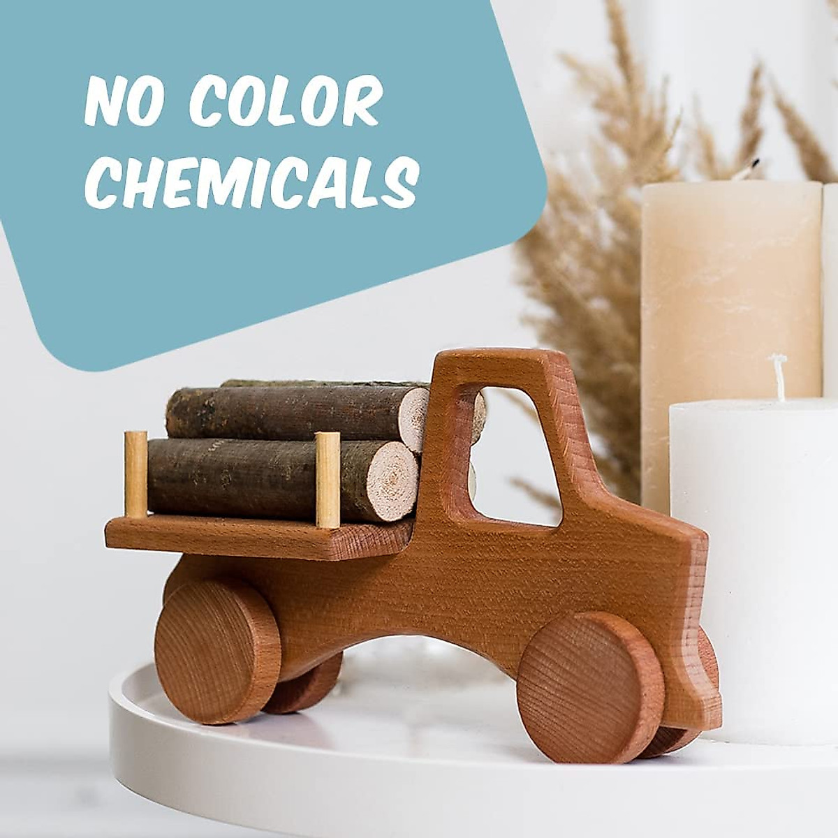 CG Games Wooden Toy Big Truck with Beech Logs and Garage Natural Wood Eco-Friendly Toys for Children Woody Truck Toy Unpainted Durable Wood Car