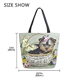 Women Top Bag Handle Handbags Shoulder Bag Yorkie Puppy With Daisy Tote Washed Canvas Purses Bag (be11d)