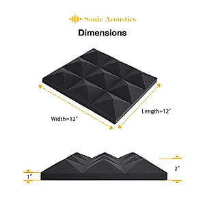Sonic Acoustics 2" X 12" X 12" Acoustic Foam Panels, Pyramid Recording Studio Wedge Tiles, Sound Panels, Sound Absorbing Panel, Soundproofing Isolation Treatment for Walls (24 Pack, Black)