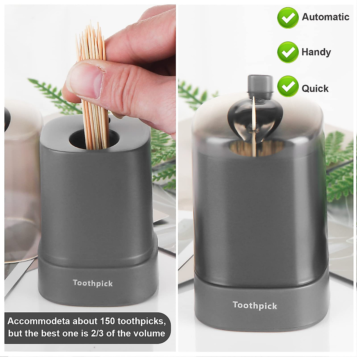 TRTRin Toothpick Dispenser-With Bamboo Wooden Toothpicks [600 Count], Pop-Up Automatic Toothpick Holder Dispenser, for Kitchen Restaurant Sturdy Safe Container Grey toothpick holder.