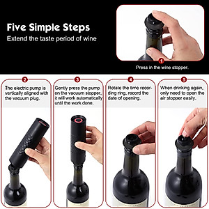 Winirina Automatic Wine Saver Pump Set for Red Wine with 4 Reusable Vacuum Bottle Sealer Stoppers USB Type-C Charging - Black