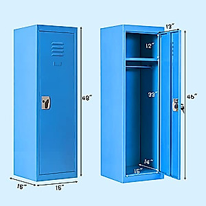 Costzon 48" Kids Locker Cabinet, Daycare Metal Coat Locker w/Hanging Rod & Shelf for Kids Room Bedroom School Classroom, 2-Tier Storage Locker w/ 2 Keys for Toys, Clothes, Sports Gear, Blue