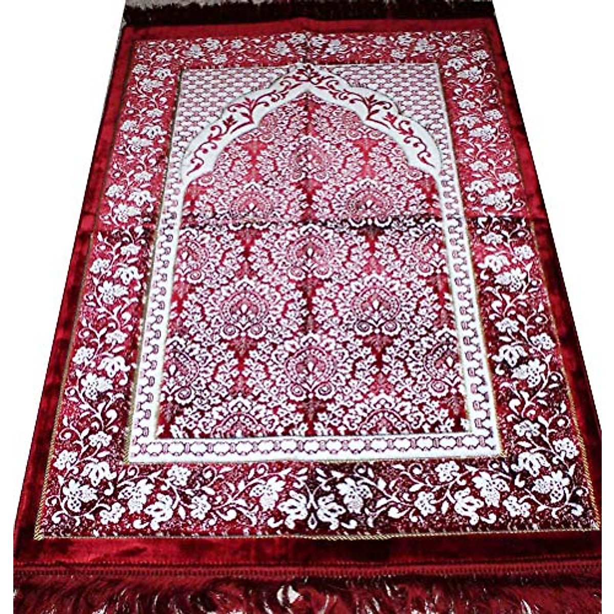 Modefa Turkish Islamic Prayer Rug - Soft & Plush Velvet Praying Carpet - Traditional Muslim Prayer Mat - Muslim Janamaz Sajada - Ramadan or Eid Gift - with Kufi Prayer Cap - Floral Ipek (Red)