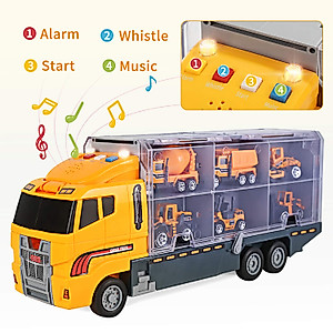 CUTE STONE 25 in 1 Construction Trucks Push and Go Car Carrier Truck Toy, Play Vehicles with Sounds and Lights, 12 Mini Diecast Trucks Included