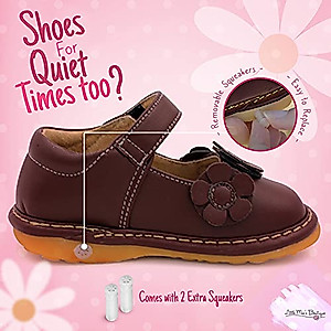 Little Mae's Boutique Mary Jane Brown Three Flower Squeaky Shoes for Toddler Girls, Ideal Toddler Walking Shoes with Removable Squeaker and Adjustable Strap - Flexible Sole Baby Shoes (4)