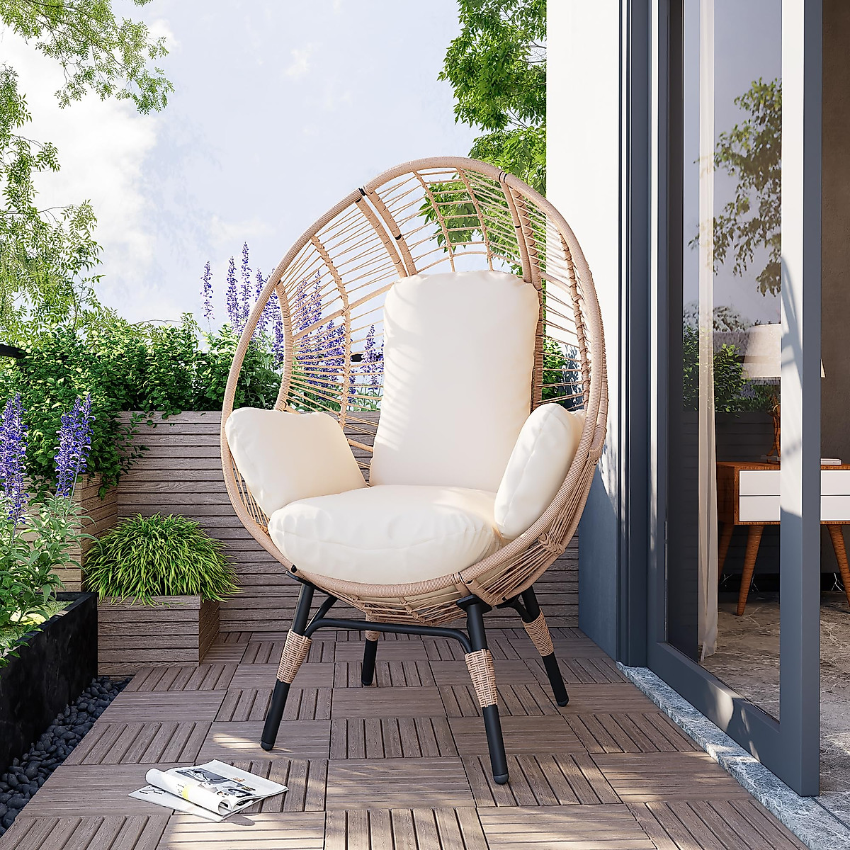 Brafab Stationary Egg Stand, Oversized Large Wicker Lounger with 8" Thick Cushion and 500 lbs Capacity, Heavy Duty Steel Frame, Rattan Basket Chair for Outdoor Patio Backyard (Natural), Cross Weave