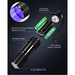 Morpilot Black Light Flashlight Mini UV Flashlight: 395nm Blacklight Flashlights, 9 Led Pet Urine Detector Light for Dog/Cat, Dry Stains, Resin Curing, Bed Bug