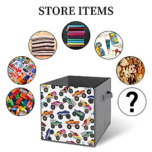 DamTma Storage Cubes Color Monster Trucks 11 Inch Cube Storage Bin with Handles Cartoon Car Fabric Collapsible Cube Baskets for Shelf Toys Clothing Books