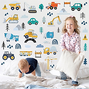 Construction Vehicles Wall Stickers - 6 Sheets 90 Pcs Construction Themed Trucks Excavator Crane Bohemian Style Wall Decals Peel and Stick Wall Decors for Kids Baby Bedroom Boys Room Nursery Playroom
