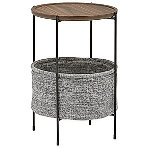 Amazon Brand – Rivet Meeks Round Side Table with Fabric Storage Basket, 24"H, Walnut and Grey