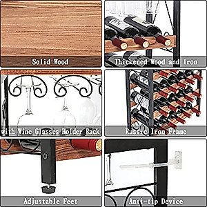Floor Wine Rack 25 Bottles with Wine Glass Holder Rack, Freestanding Wine Rack with Table Top and Open Shelf, Wobble-Free Wine Bottle Organizer Shelf, Wine Display Storage Stand for Kitchen Pantry Bar