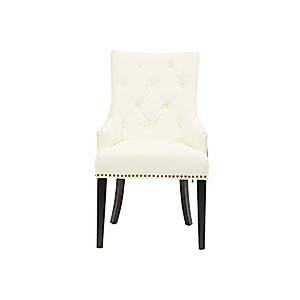 Iconic Home Cadence Dining Side Chair Button Tufted PU Leather Velvet Polished Brass Nailheads Espresso Finished Wooden Legs, Navy – White, Modern Transitional